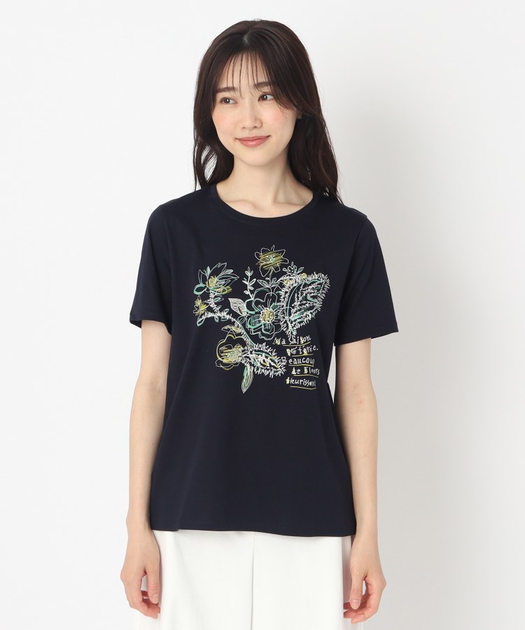M~4Lサイズ】フラワープリント&刺繍Tシャツ(カットソー M~4Lサイズ】フラワープリント&刺繍Tシャツ(カットソー