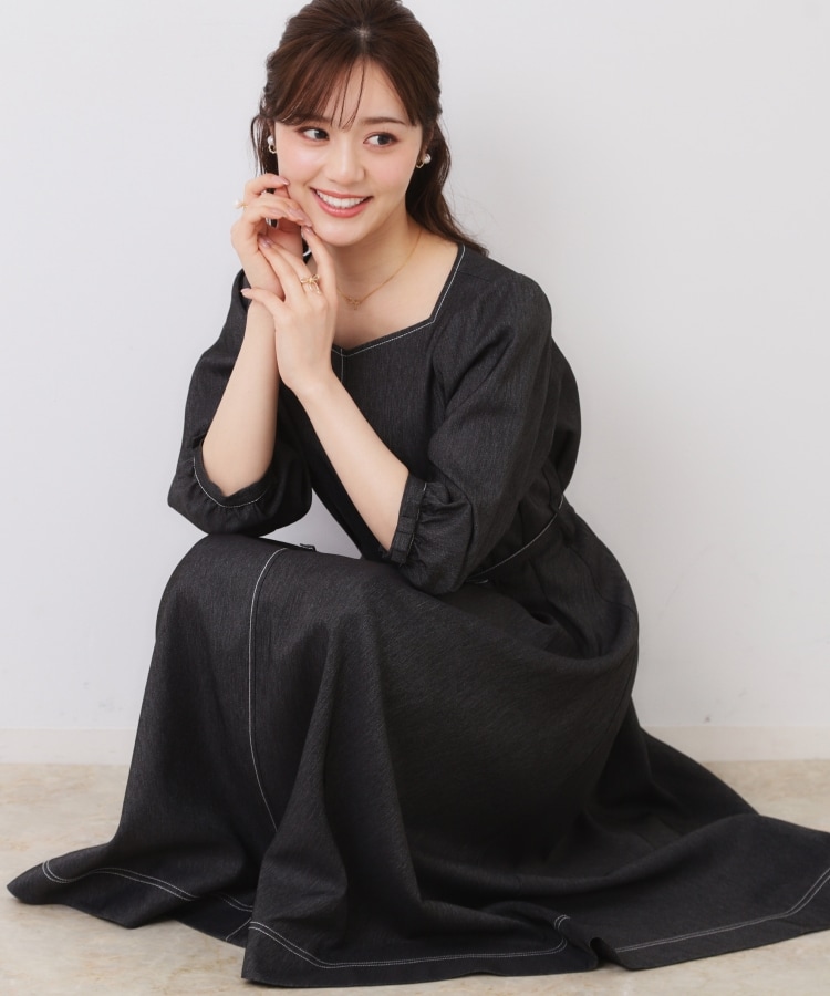 大人可愛い・美シルエット】デニムライク袖リボンワンピース 大人可愛い・美シルエット】デニムライク袖リボンワンピース