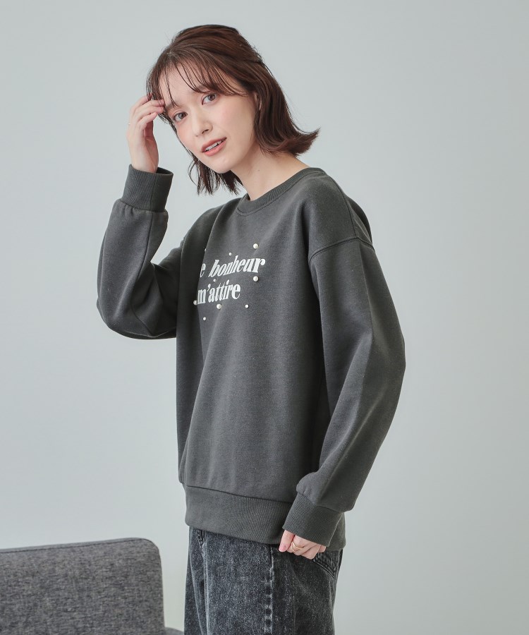 S-LL】フェイクパール付きロゴ裏起毛トップス(カットソー S-LL】フェイクパール付きロゴ裏起毛トップス(カットソー