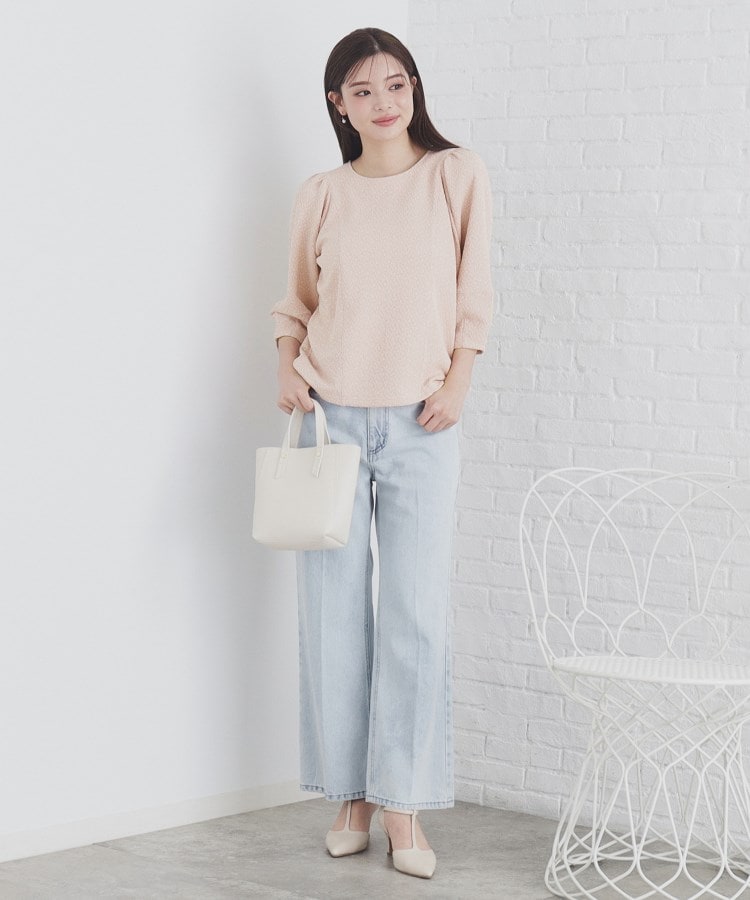 5color/S-LLsiza》カットジャカードパフスリーブトップス【洗濯 5color/S-LLsiza》カットジャカードパフスリーブトップス【洗濯