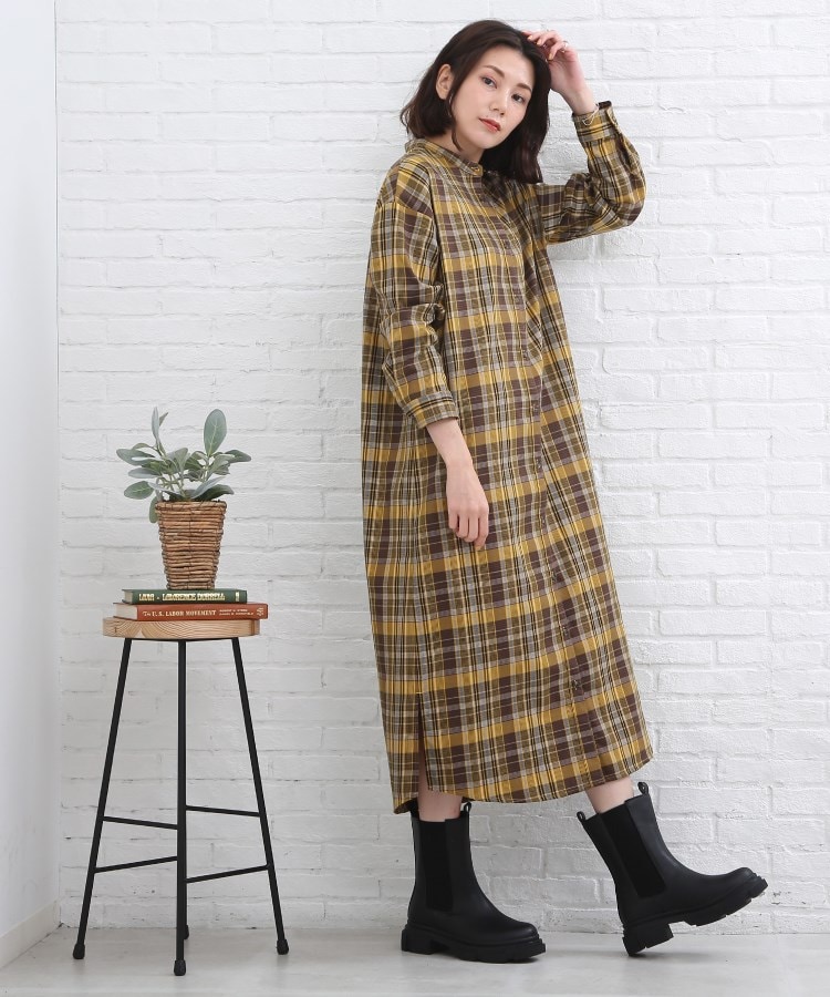 ◇上品なチェック柄!バンドカラー ワンピース(マキシ・ロング ◇上品なチェック柄!バンドカラー ワンピース(マキシ・ロング
