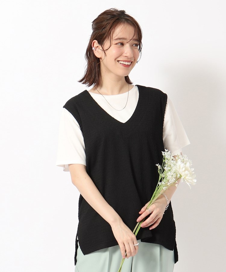 洗える/2点セット】さらさらVネックベスト+Tシャツ(トップス+ 洗える/2点セット】さらさらVネックベスト+Tシャツ(トップス+