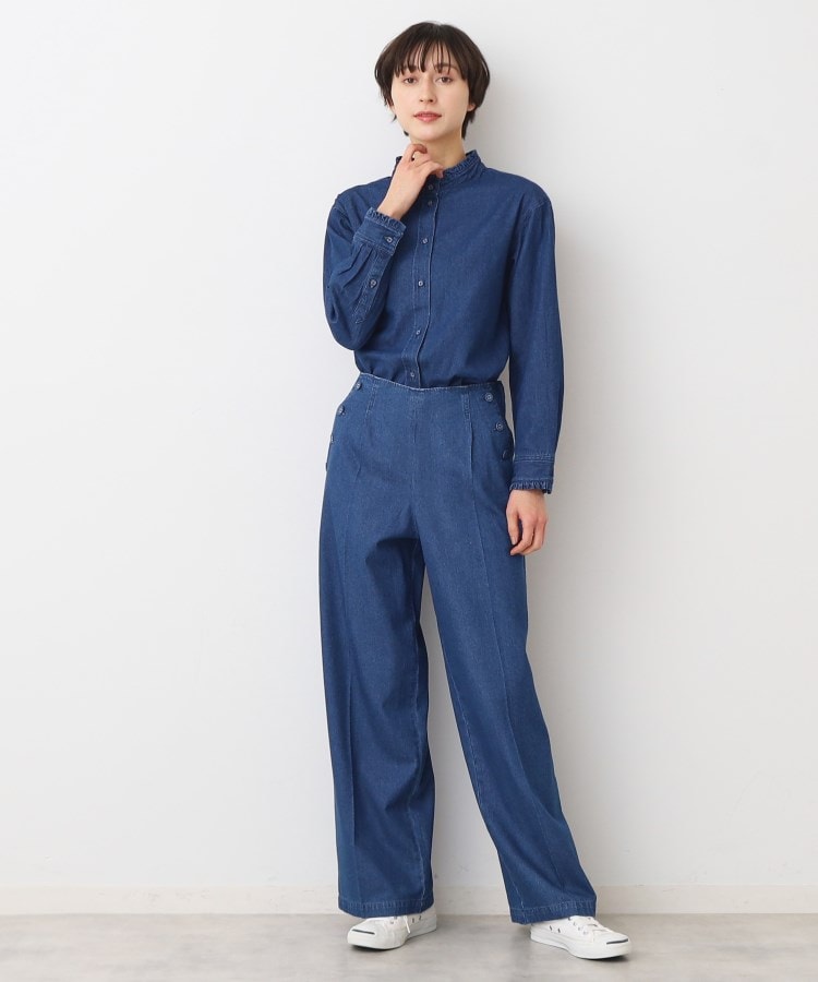 洗える】フリルネックデニムシャツ(シャツ・ブラウス 洗える】フリルネックデニムシャツ(シャツ・ブラウス