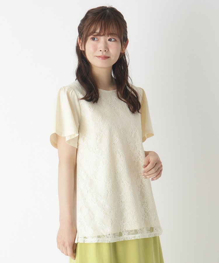 身頃綿100%/洗える】フロントレースTシャツ(カットソー 身頃綿100%/洗える】フロントレースTシャツ(カットソー